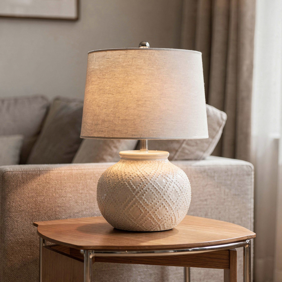 Squat White Beaded Ceramic Lamp With Linen Shade – Chosen By Jessica
