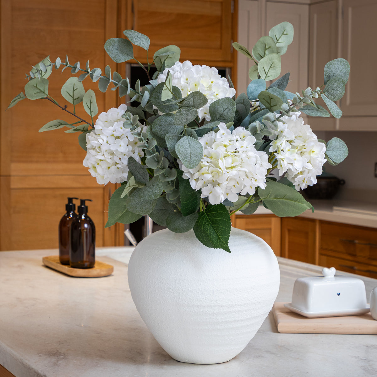 Classic White Hydrangea and Eucalyptus Arrangement – Chosen By Jessica